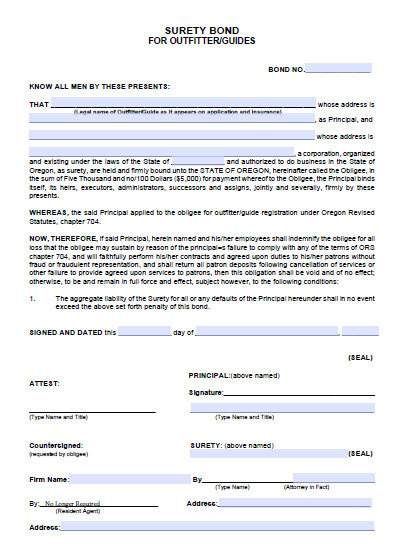 Outfitter Guide Registration Bond in the State of Oregon